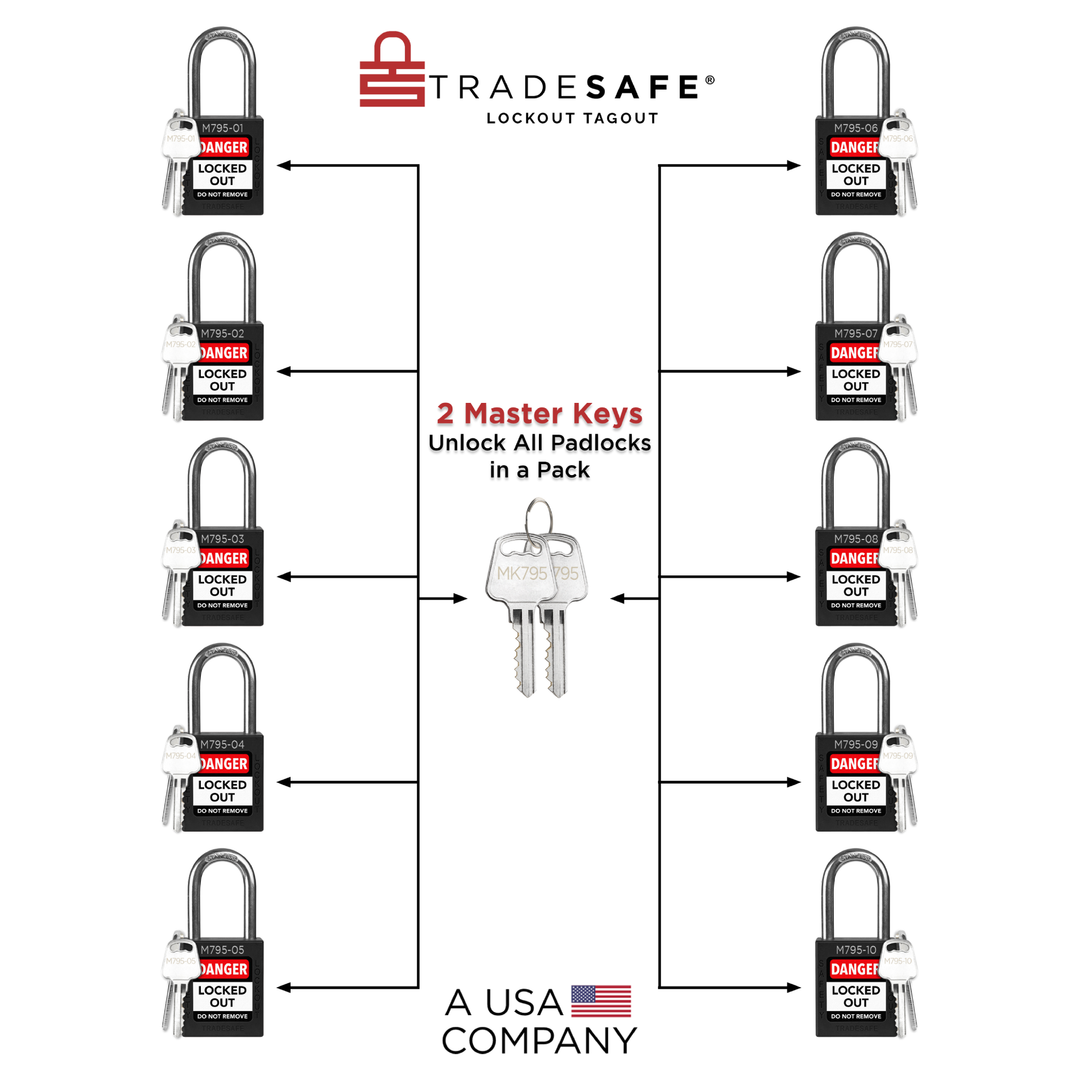 10 Black Master Keyed Lockout Locks - Keyed Different - 2 keys | TRADESAFE