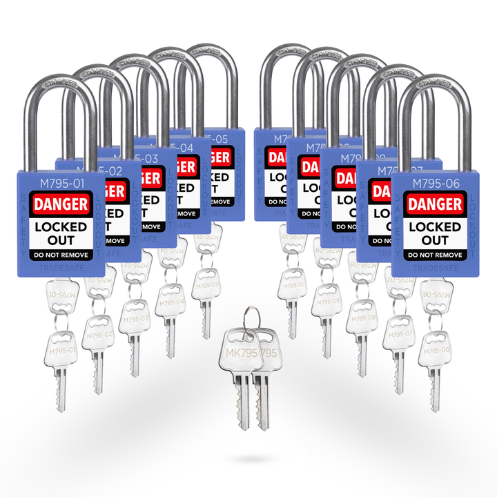 10 Blue Master Keyed Lockout Locks - Keyed Different - 2 keys | TRADESAFE