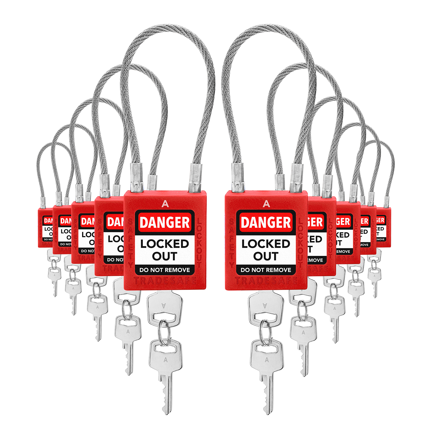 Red Keyed Alike Cable Lockout Locks Unlimited - 2 Keys, 10 Pack | TRADESAFE