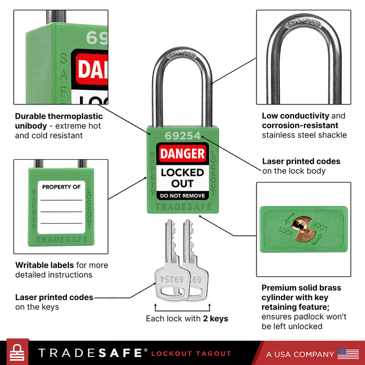 Green Keyed Different Lockout Locks - 2 Keys - 10 Pack | TRADESAFE