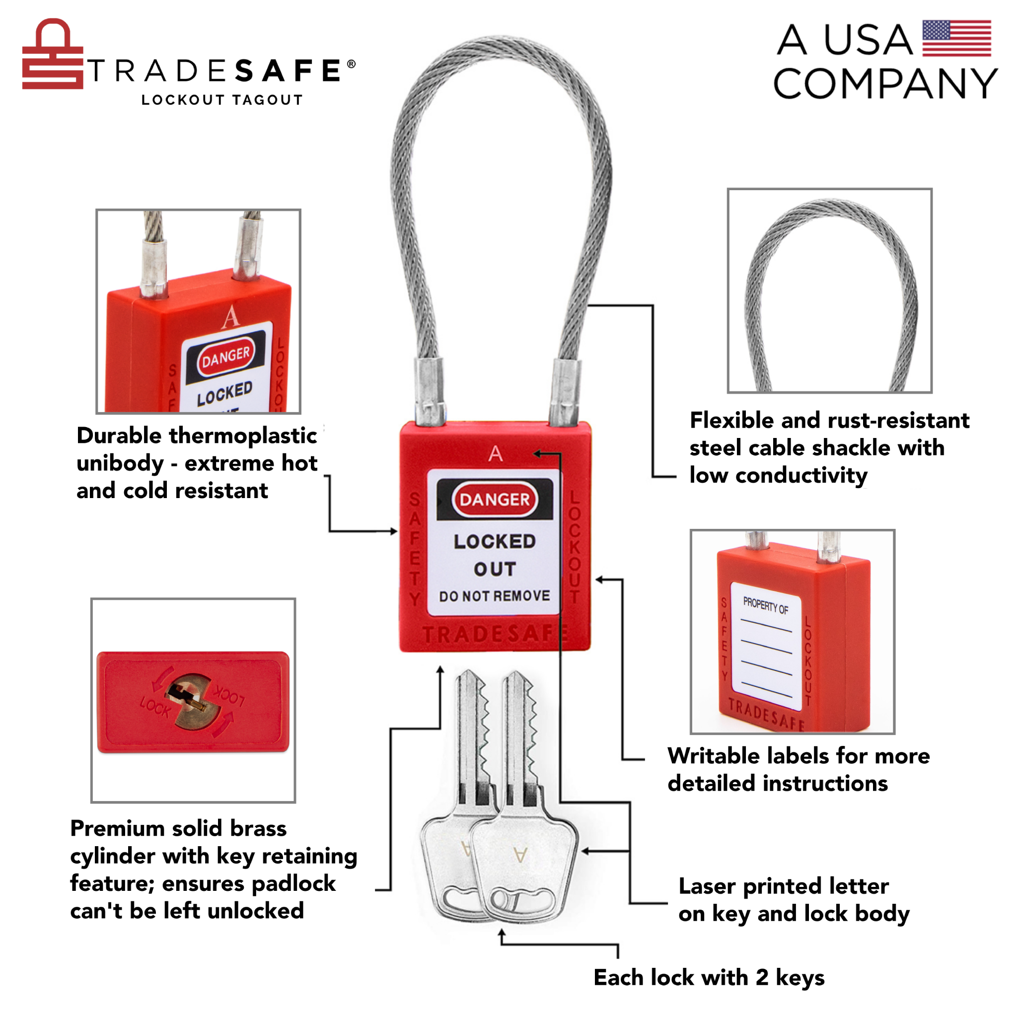 Red Keyed Alike Cable Lockout Locks Unlimited - 2 Keys, 10 Pack | TRADESAFE