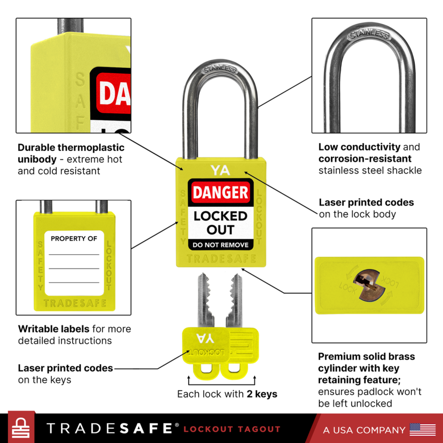 Yellow Keyed Alike Padlocks Unlimited - 2 Keys - 10 Pack | TRADESAFE
