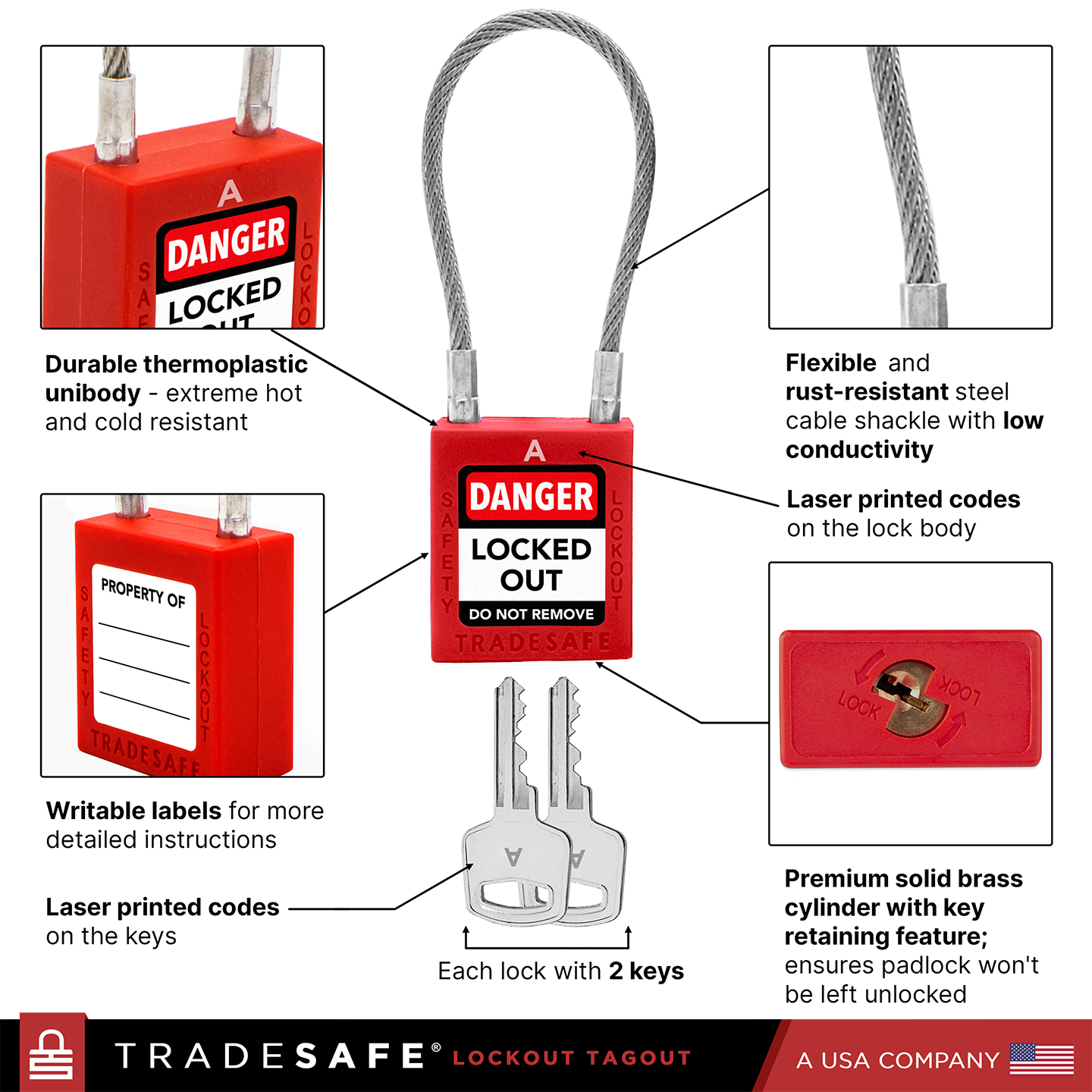 Red Keyed Alike Cable Lockout Locks Unlimited - 2 Keys, 10 Pack | TRADESAFE