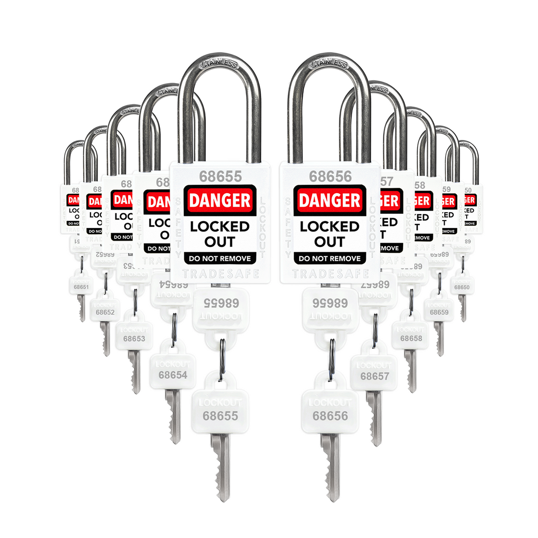 White Keyed Different Lockout Locks - 2 Keys - 10 Pack | TRADESAFE