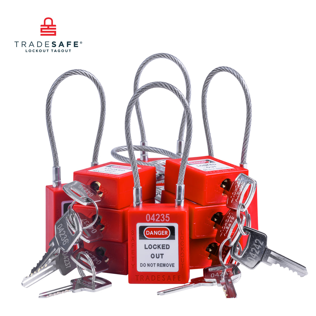 Red Keyed Different Cable Lockout Locks - 2 Keys, 10 Pack | TRADESAFE