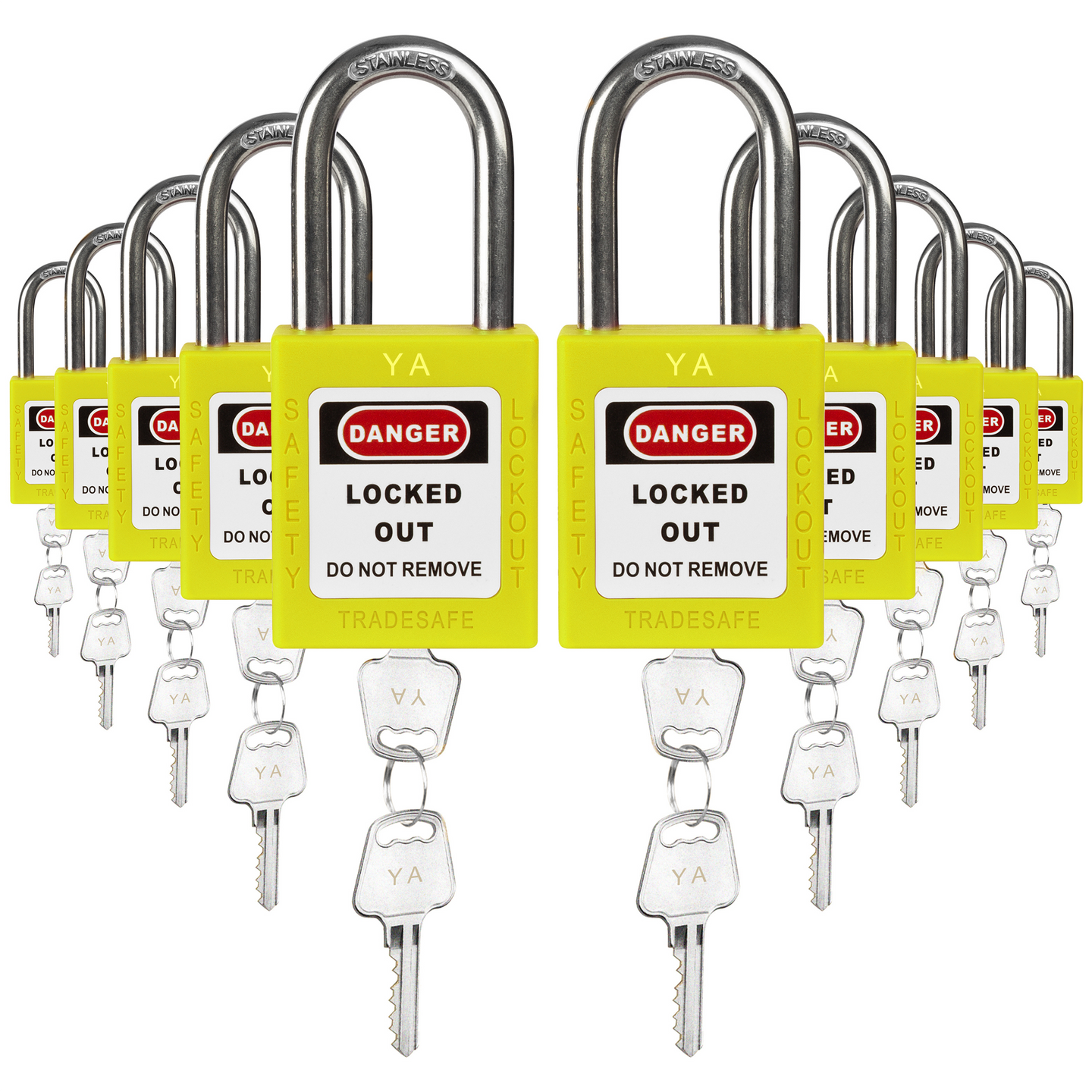 Yellow Keyed Alike Padlocks Unlimited - 2 Keys - 10 Pack | TRADESAFE